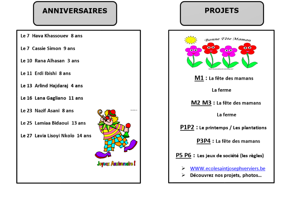 Les infos du mois de MAI - ECOLE FONDAMENTALE SAINT-JOSEPH VERVIERS