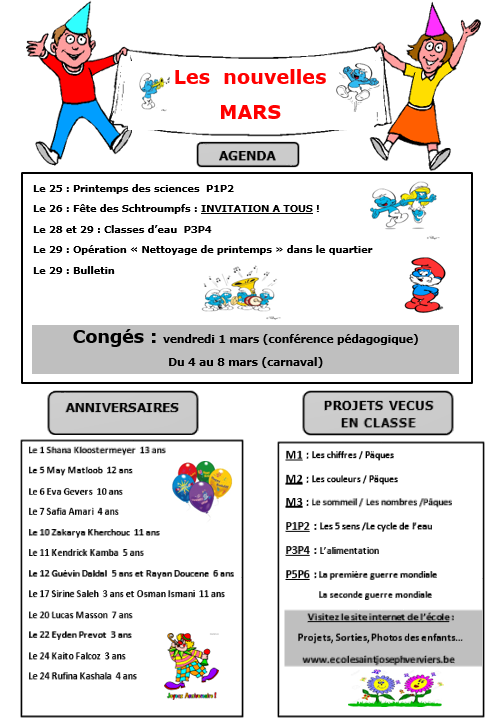 Les infos du mois de MARS - ECOLE FONDAMENTALE SAINT-JOSEPH VERVIERS